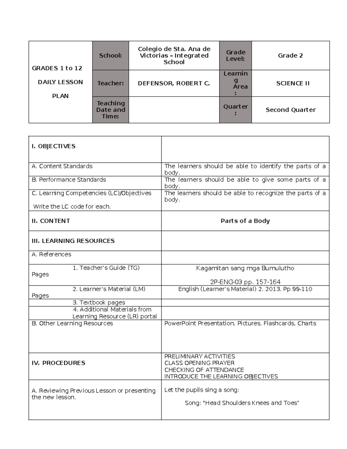 DLP Science II - Grade 2 Daily Lesson Plan on Body Parts - Studocu