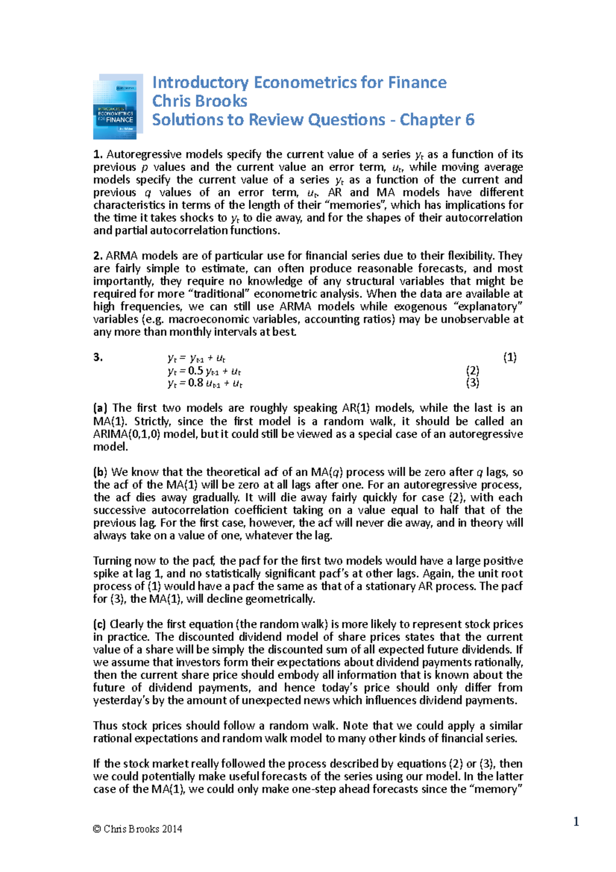 Chapter 6 solutions - This belongs to the econometrics finance course ...