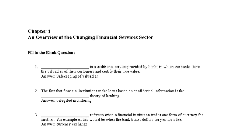 Bank Management and Financial Services: Chapter 1 Fill-in-the-Blank ...