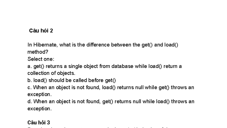SE1 Đề 1: So sánh các phương thức get() và load() trong Hibernate - Studocu