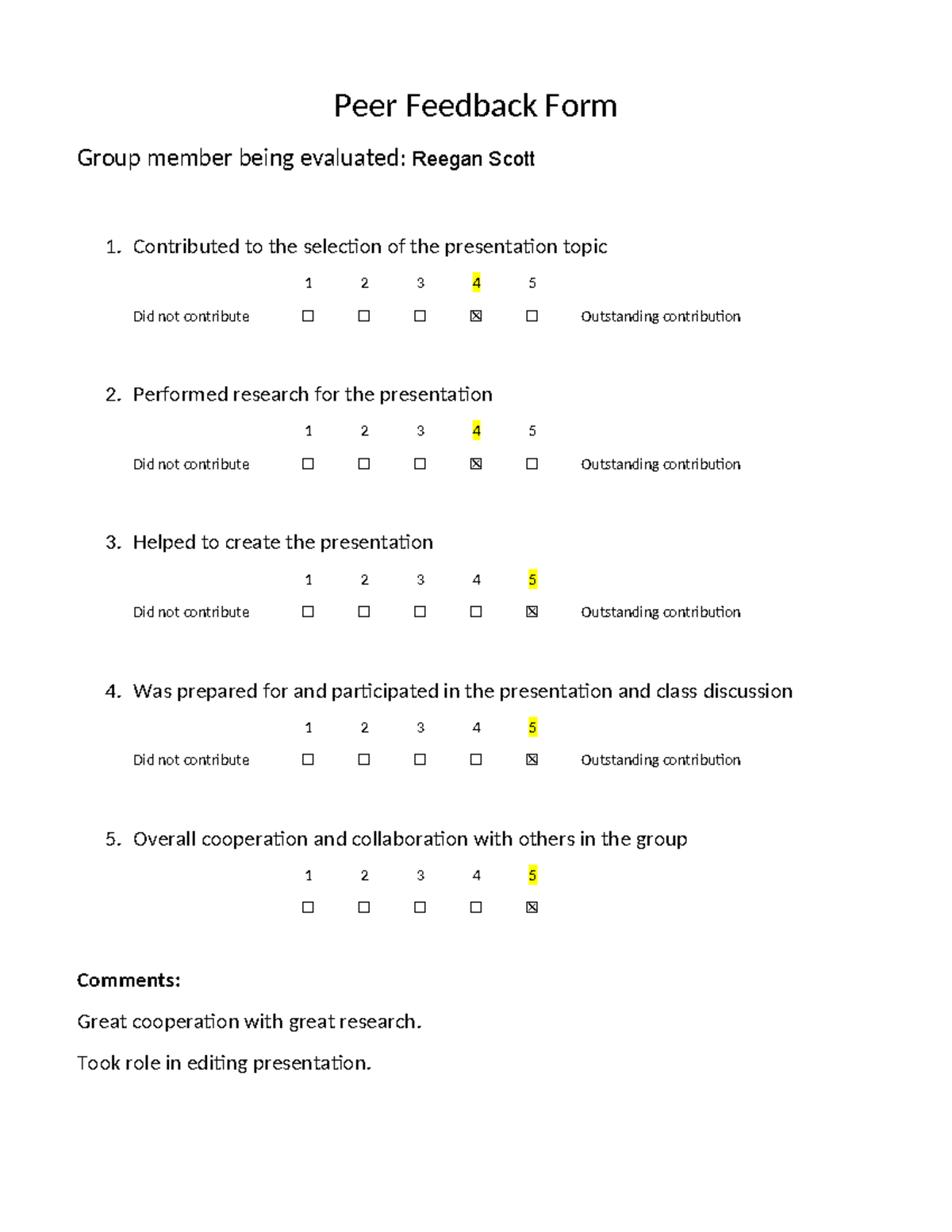 Peer Evaluation Forms for Group Presentation - Course Code: [Insert ...
