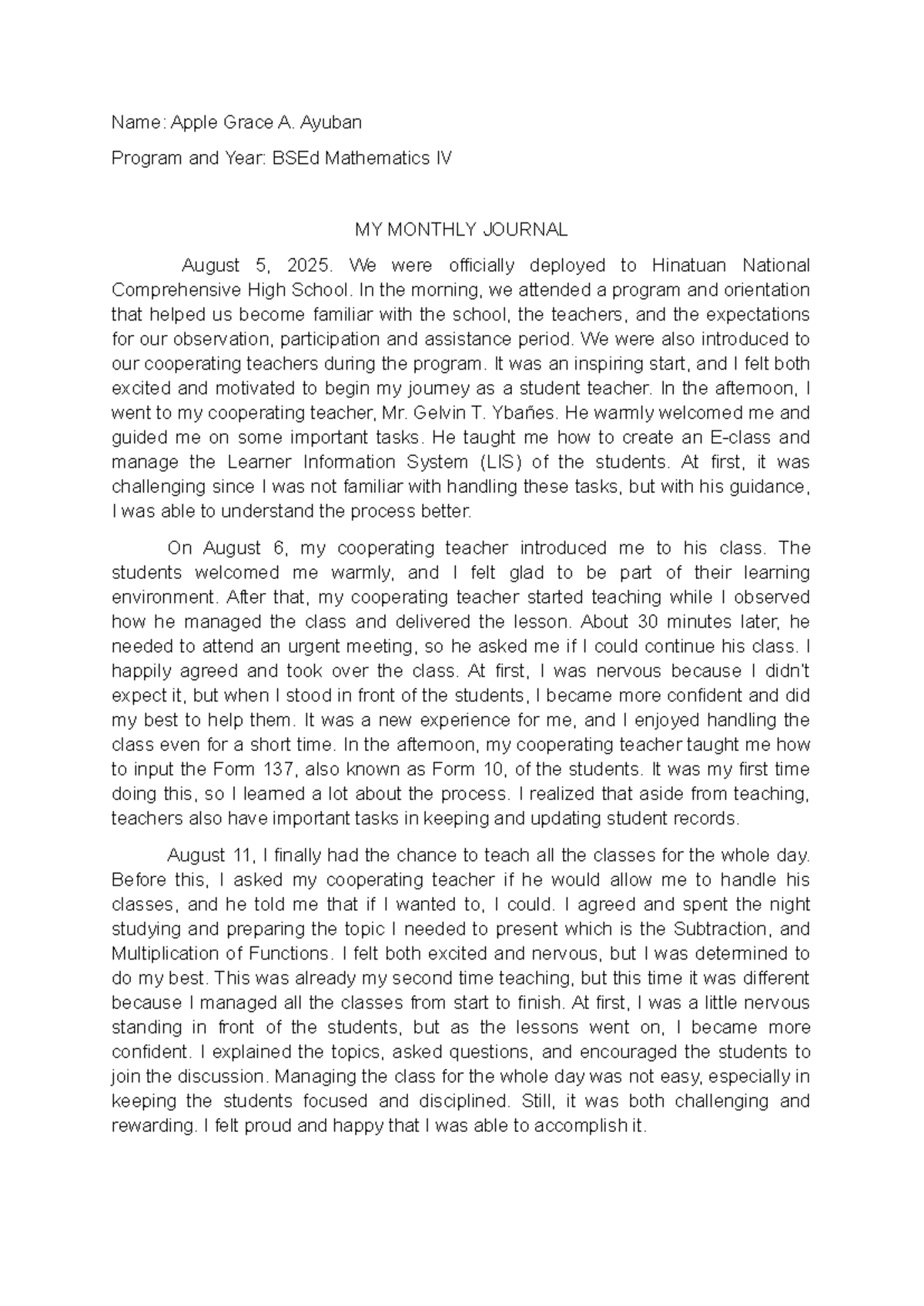 BSEd Math IV: August Monthly Journal of Student Teaching Experiences ...