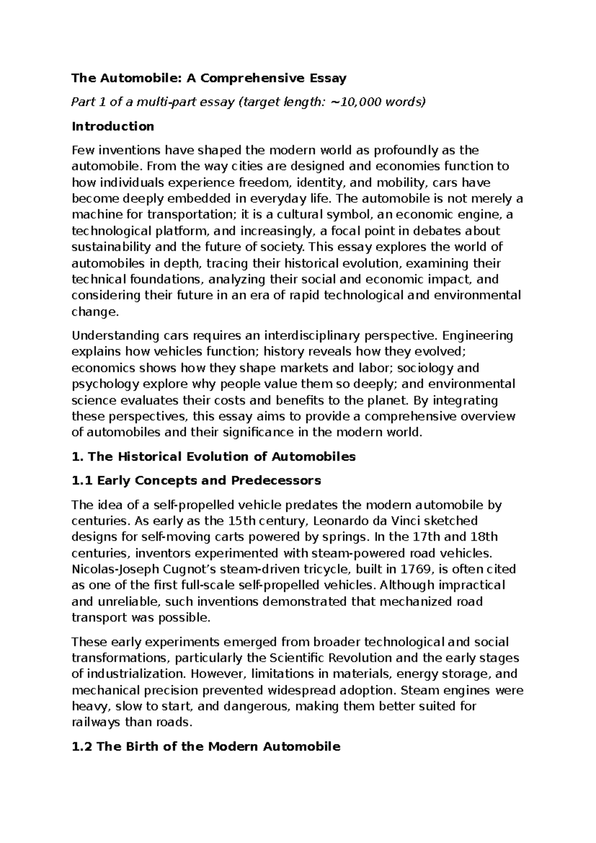 The Automobile: A Comprehensive Essay (Part 1) - Studocu