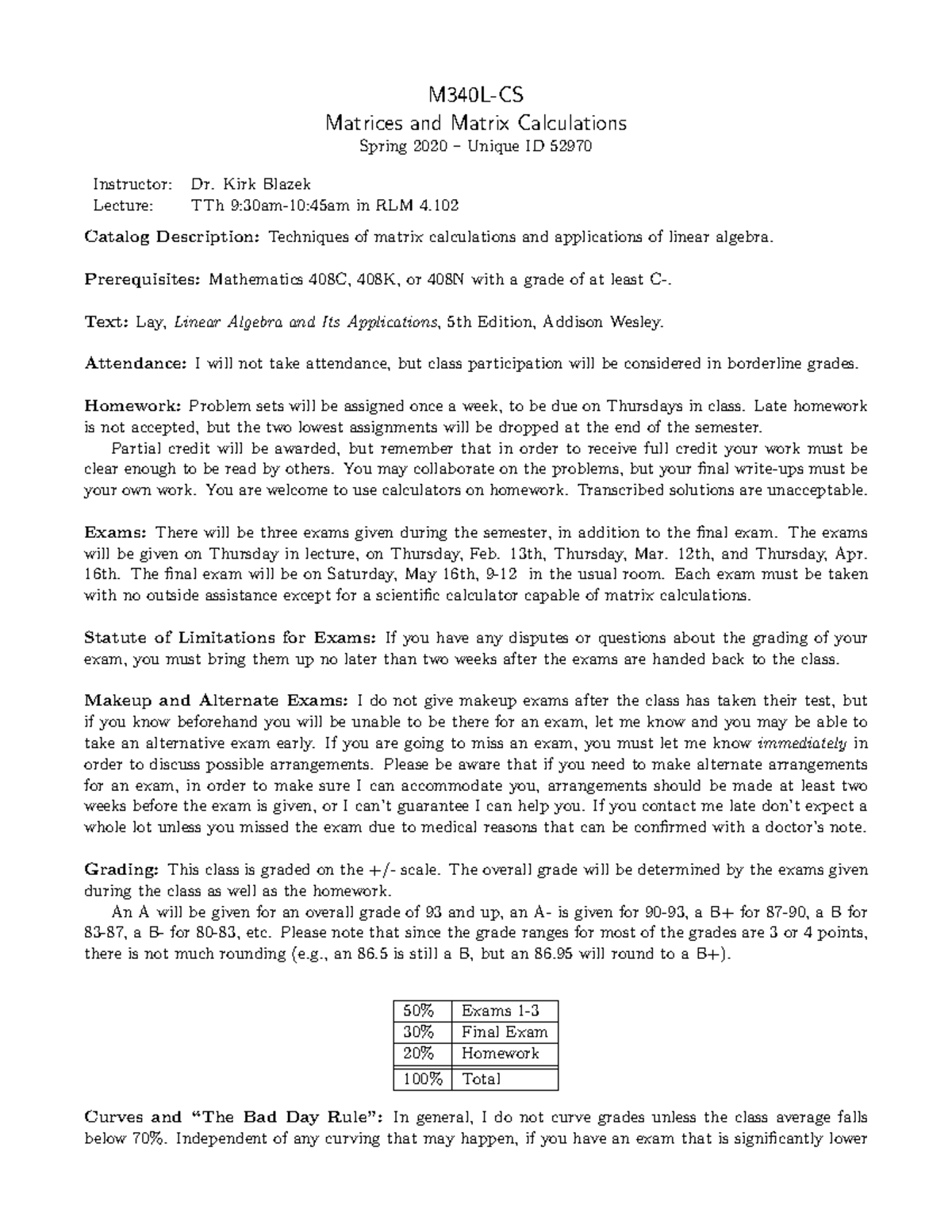 M340L Syllabus: Matrix Calculations & Linear Algebra - Spring 2020 ...