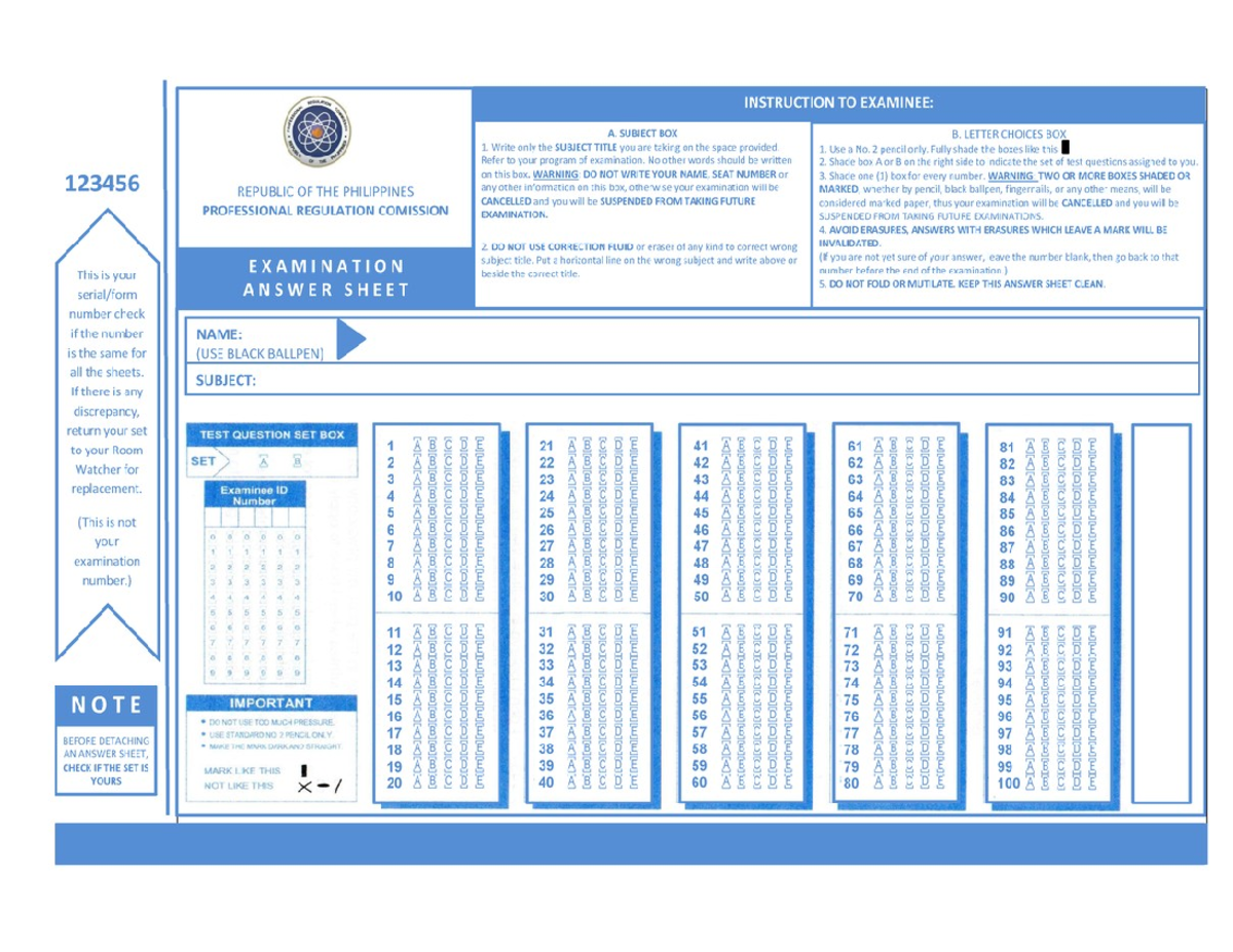 LET - Professional Regulation Commission Examination Answer Sheet - Studocu