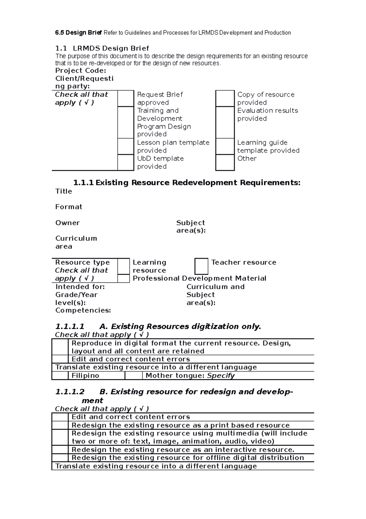 LRMDS 6.5 Design Brief: Guidelines for Resource Redevelopment - Studocu