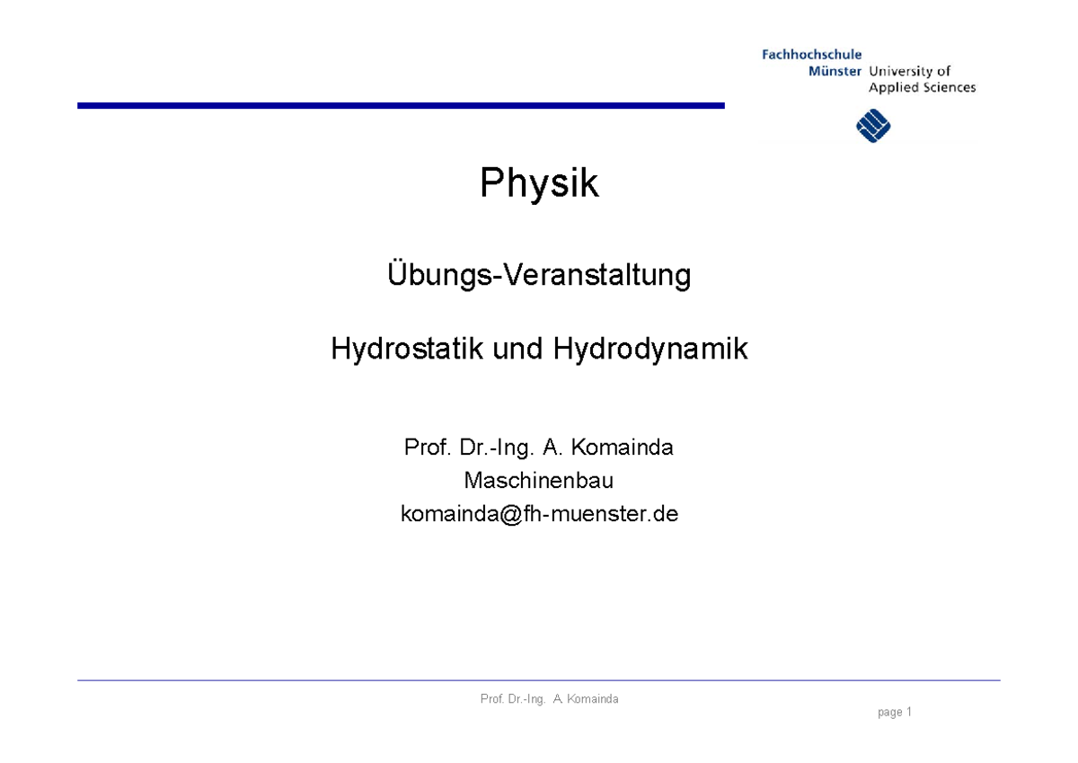 7 - Uebung Physik - Hydrostatik und Hydrodynamik - Physik Prof. Dr.-Ing ...