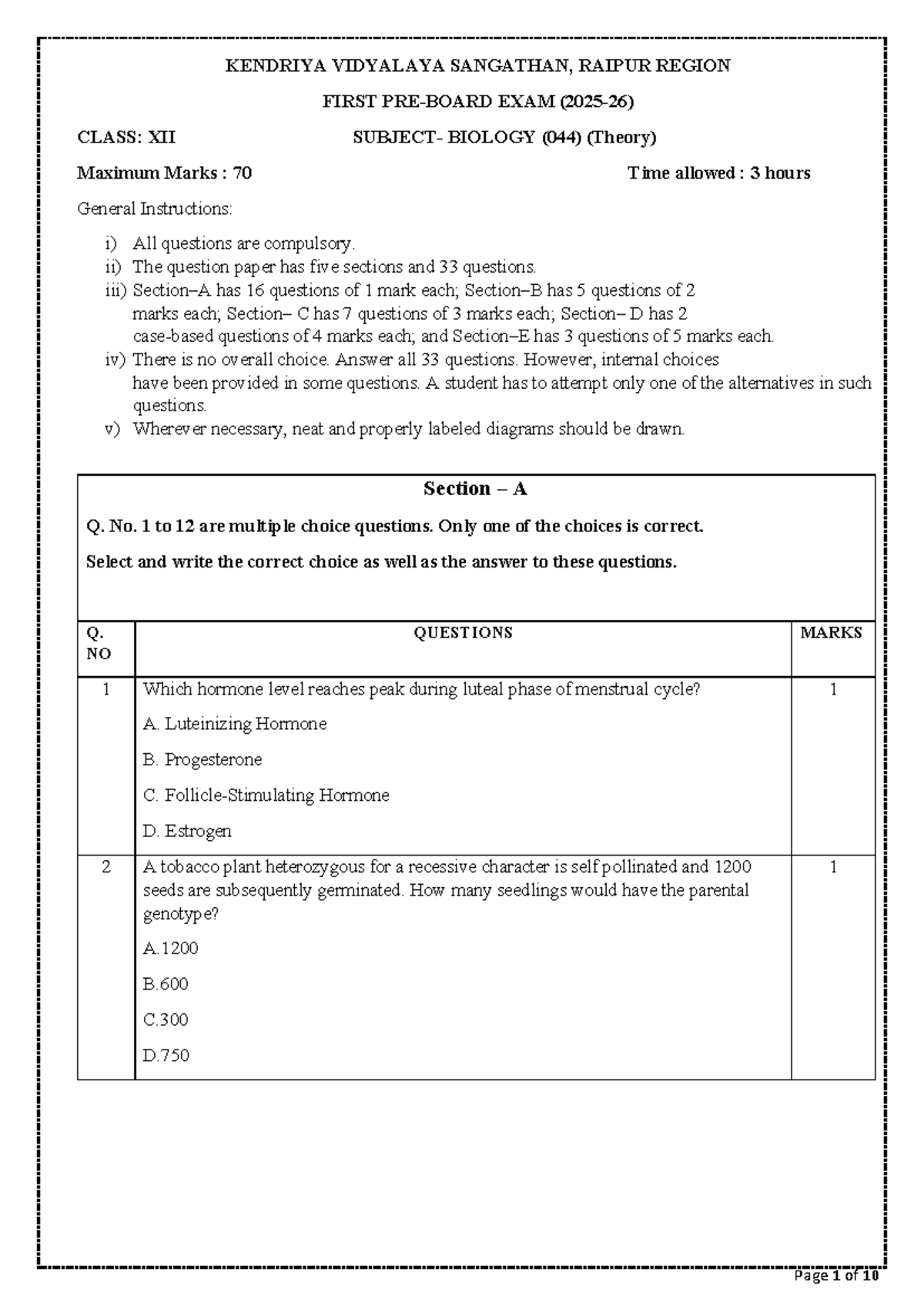 QP Biology XII 1st Exam (044) - Theory Paper with 33 Questions - Studocu