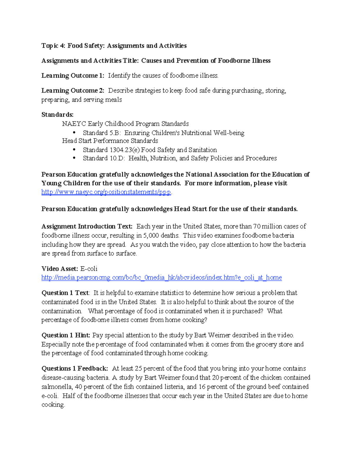 Food Safety Assignments & Activities Answer Key (NAEYC/Head Start ...