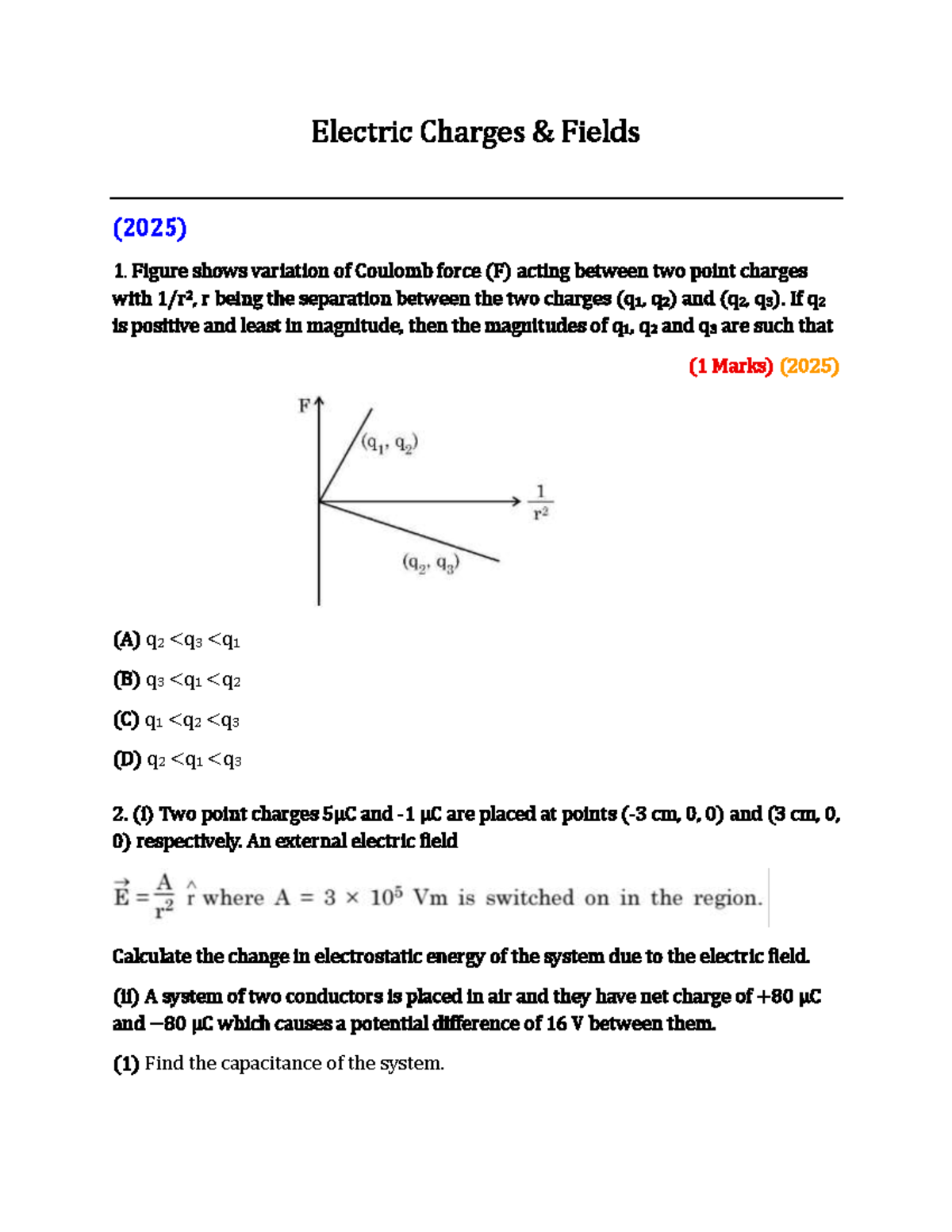 Electric Charges and Fields - Exam Questions (2025) - Studocu