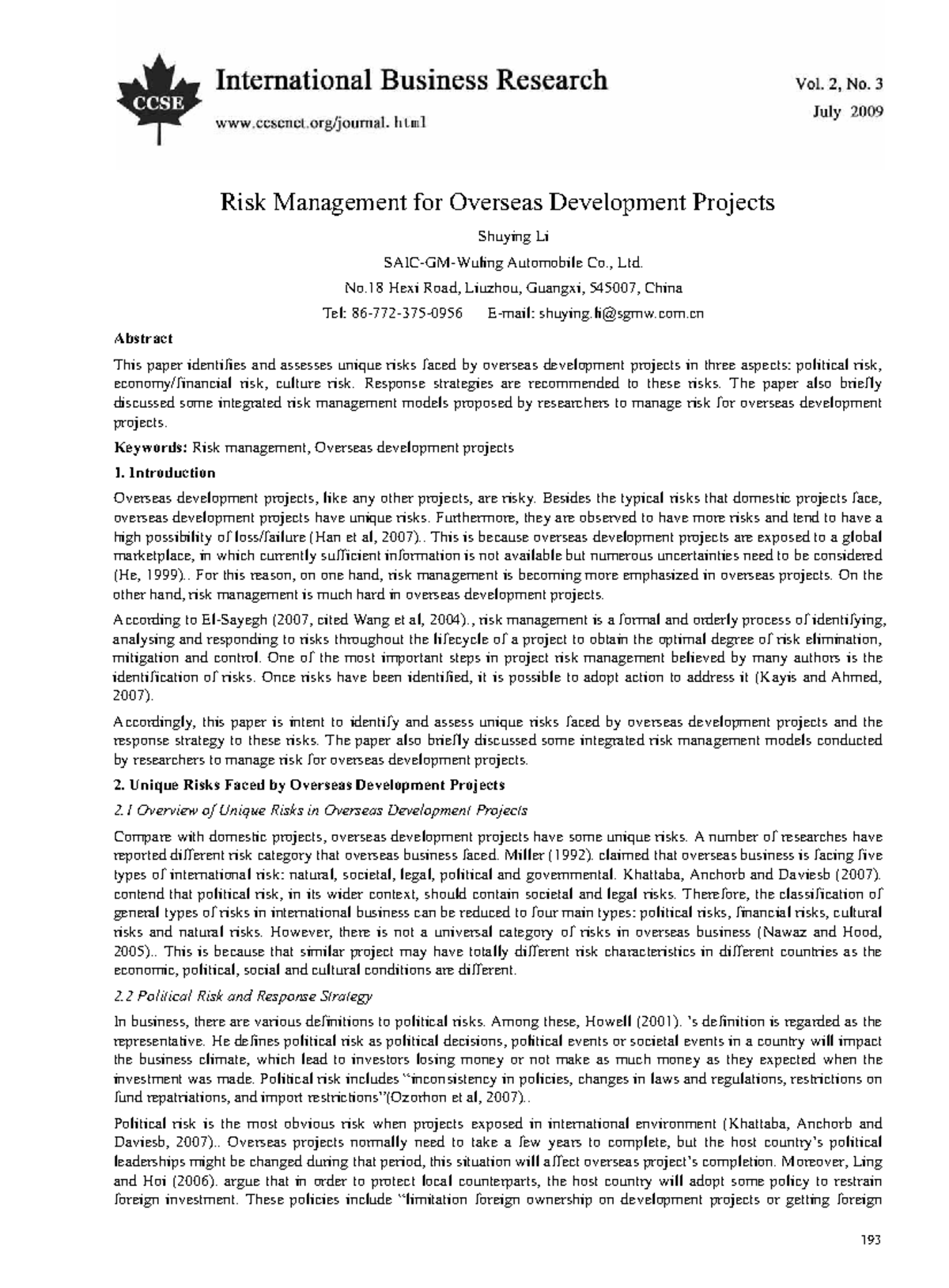 International Business Research (IBR) - Risk Management for Overseas ...