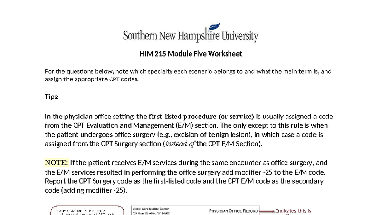 HIM 215 Module 5 Worksheet: CPT Coding Scenarios and Assignments - Studocu