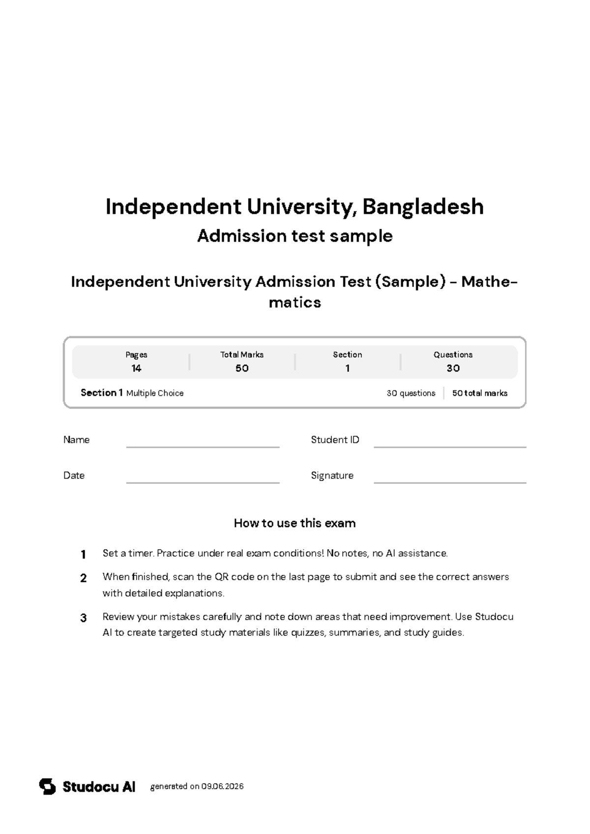 Independent University Admission Test (Sample) - Mathematics - Studocu