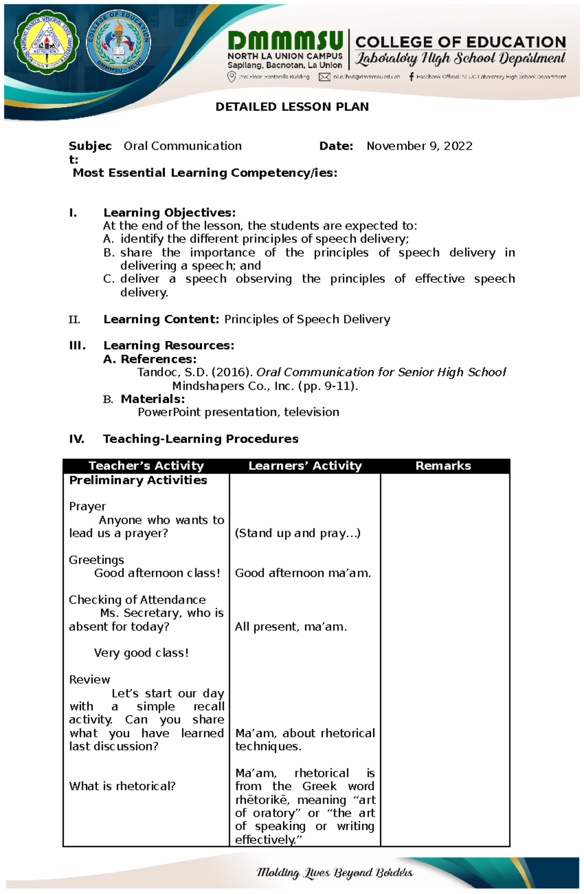 11 09 22 Principles OF Speech Delivery - DETAILED LESSON PLAN Subjec t ...