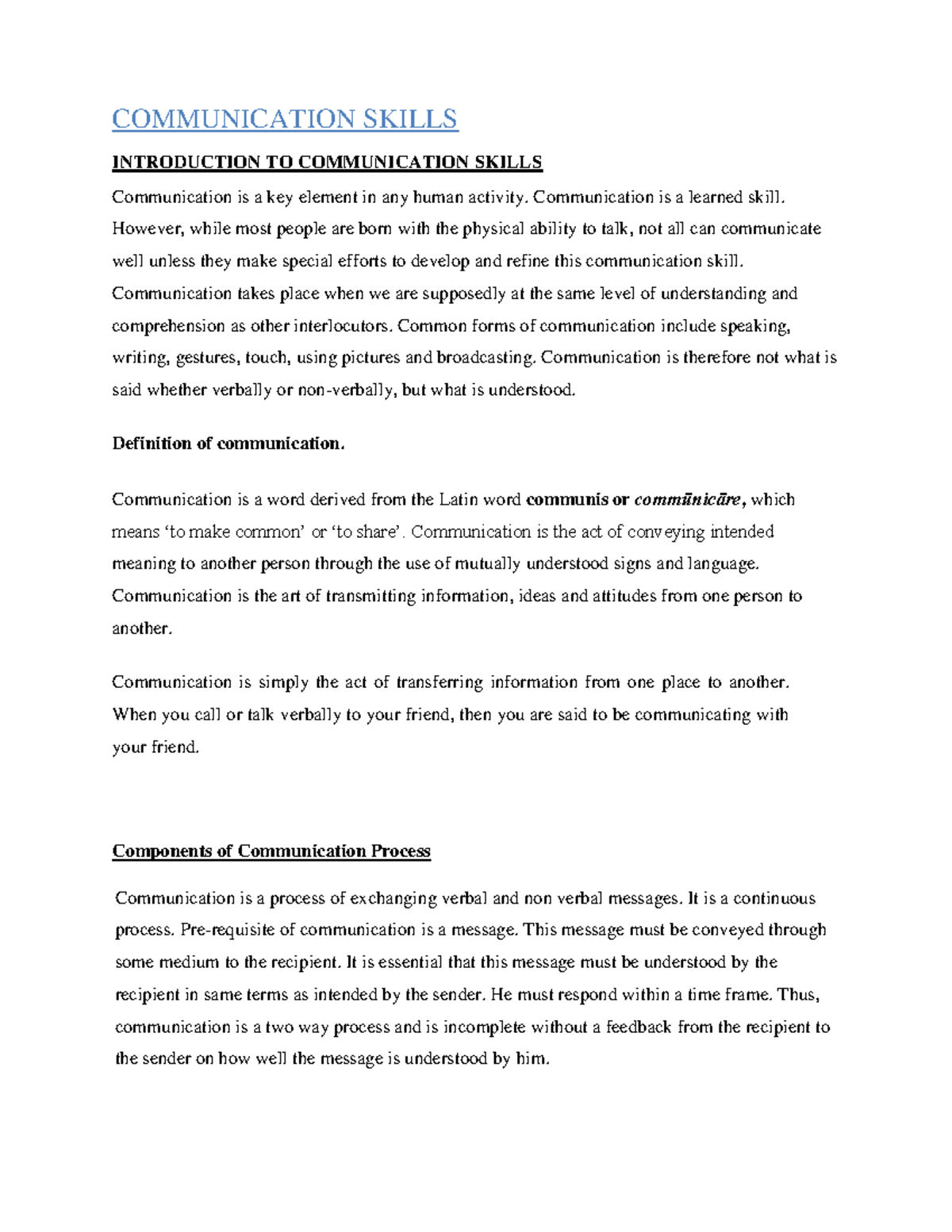 Communication Skills Class Notes 2 - COMMUNICATION SKILLS INTRODUCTION ...
