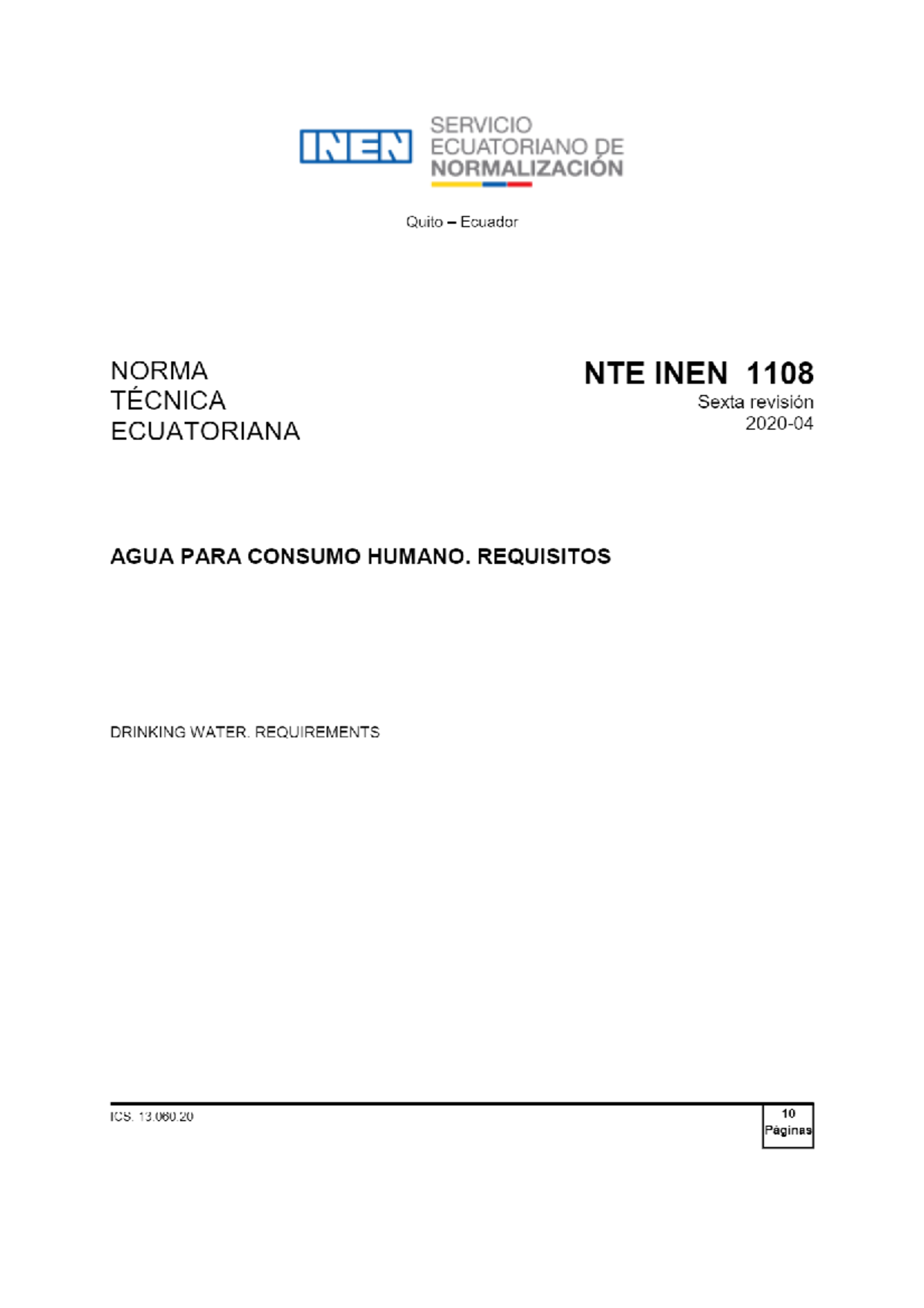 NTE INEN 1108-2020-6R: Requisitos de Agua para Consumo Humano - Studocu
