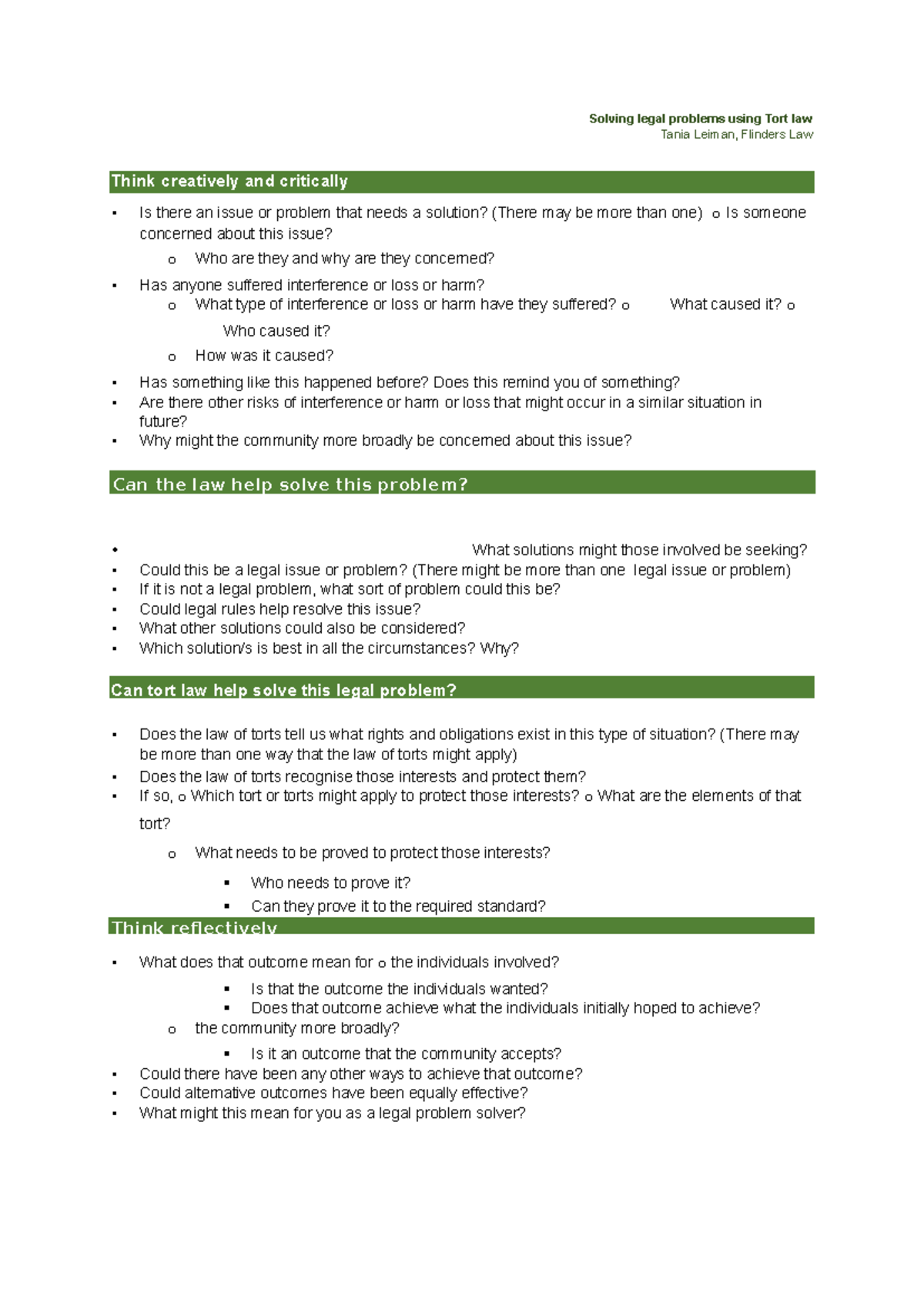 Torts Checklists for Legal Problem Solving - LLAW2311 - Studocu
