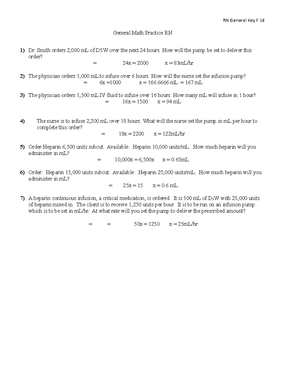 RN General Math Practice Key F16 - Essential Calculations and IV Dosing ...