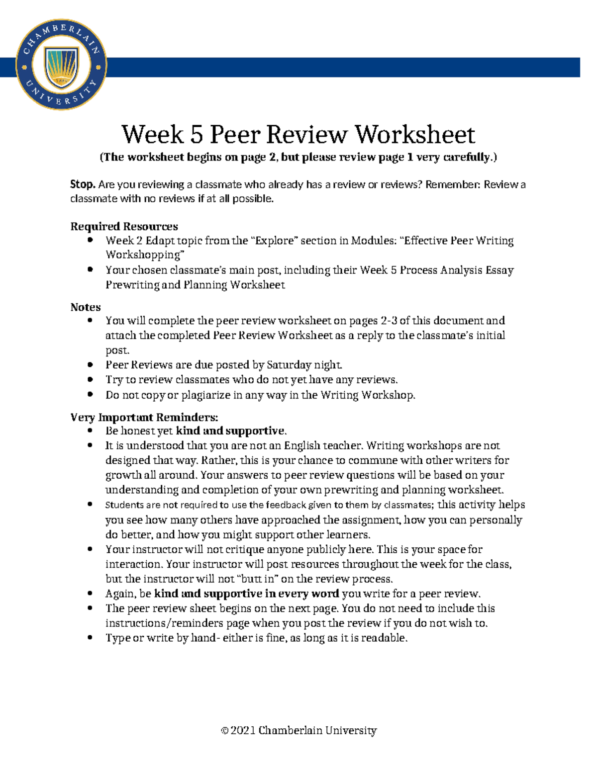 Week 5 Peer Review Worksheet for Process Analysis Essay - Studocu