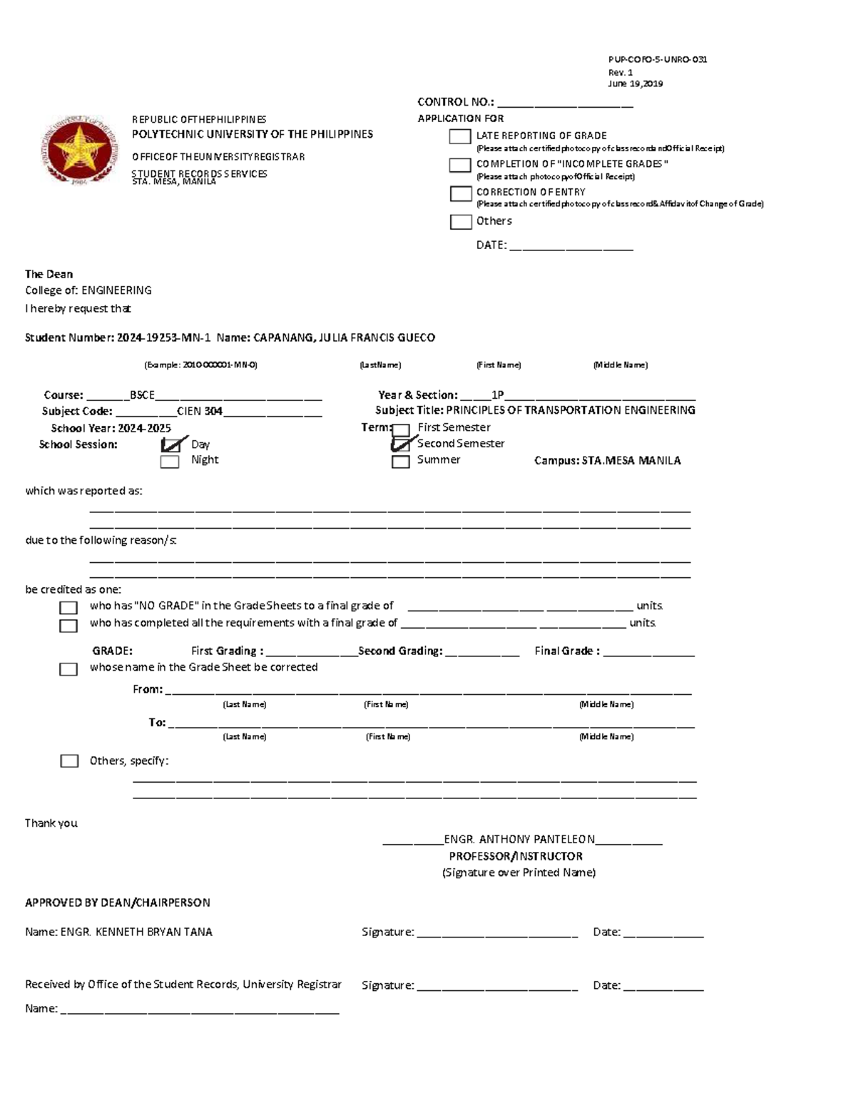 Application for Late Reporting of Grade - Capanang - PUP - Studocu