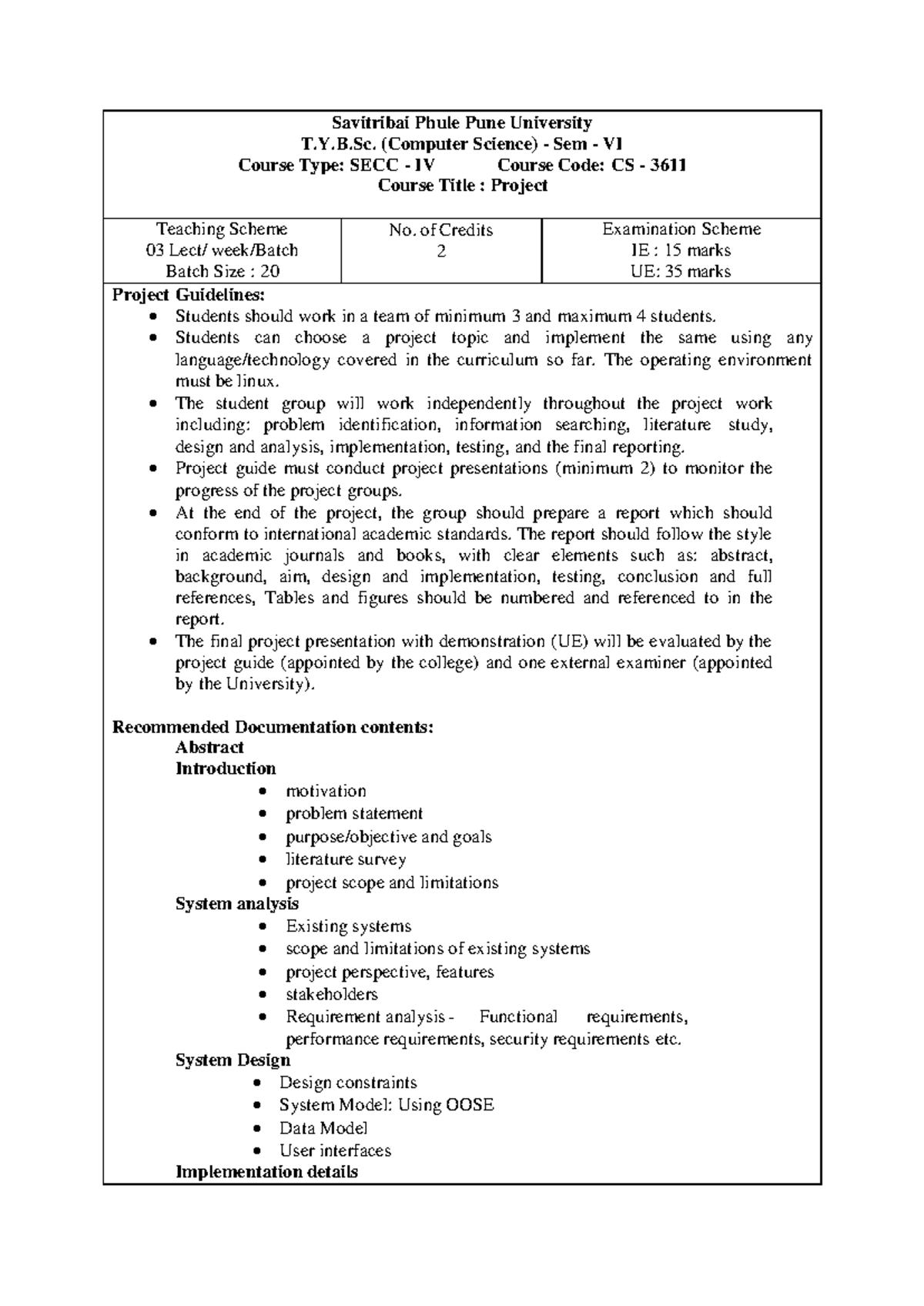 T.Y.B.Sc. (CS) Sem VI Project Guidelines - CS 3611 - Studocu