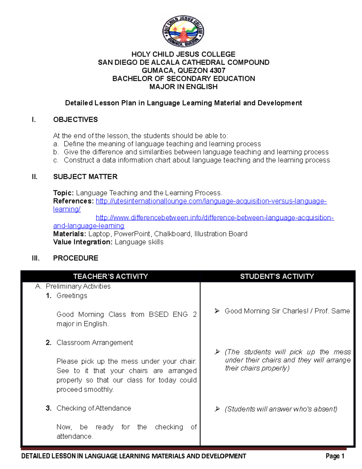 Language Teaching AND Learning Process Lesson PLAN - HOLY CHILD JESUS ...