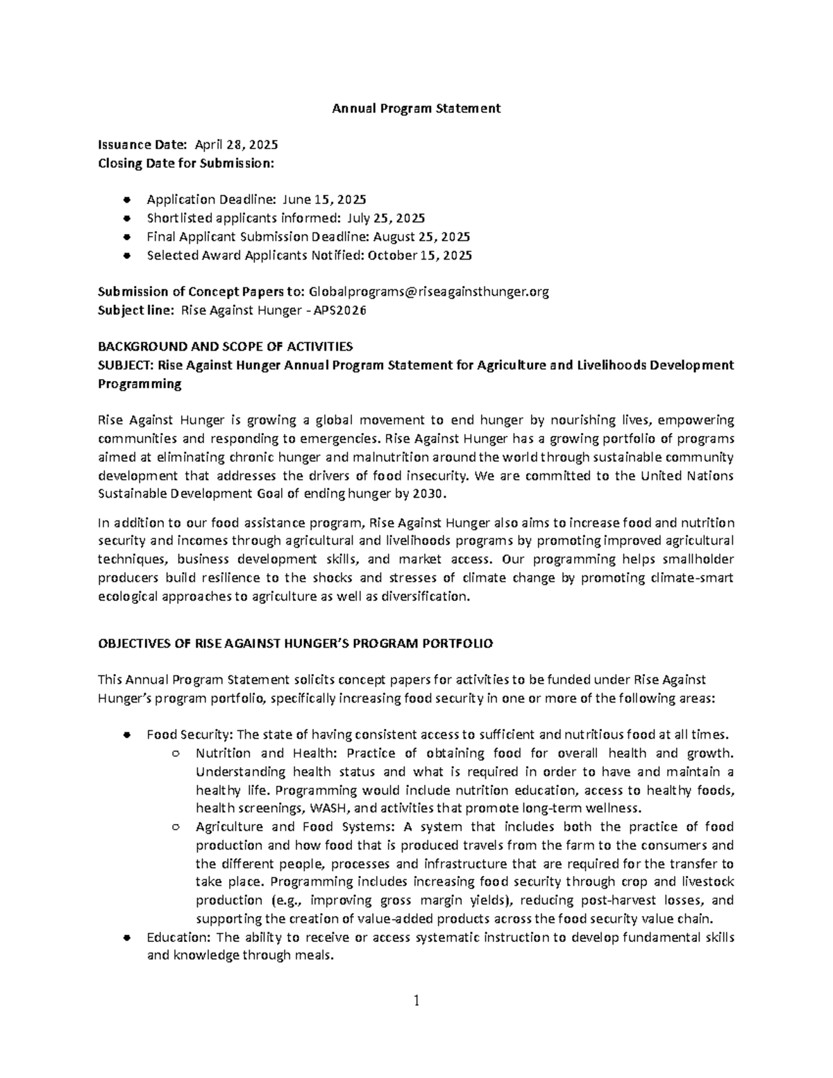Annual Program Statement 2026: Rise Against Hunger Concept Papers - Studocu