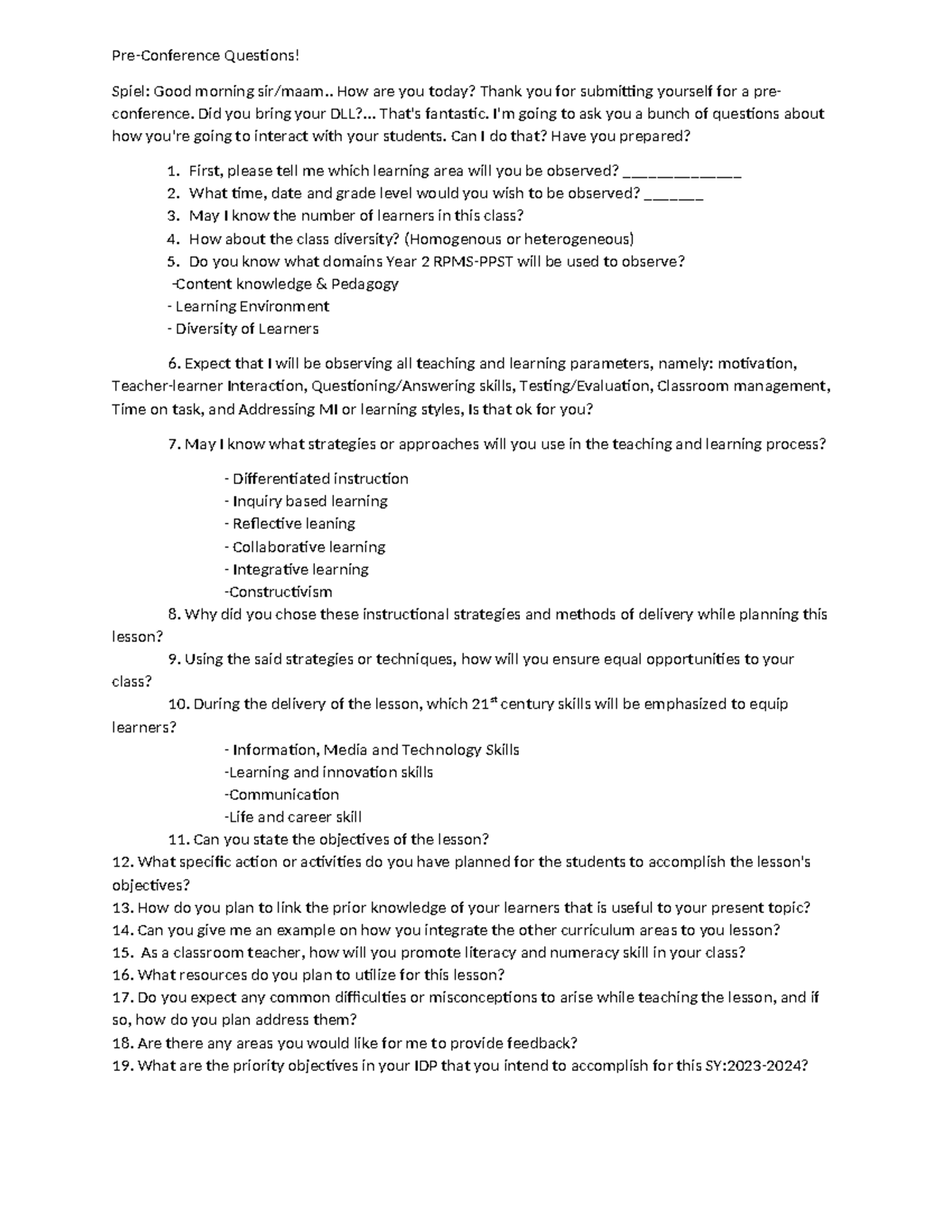 Precon-Questions for Demo Teaching: Insights & Strategies - Studocu