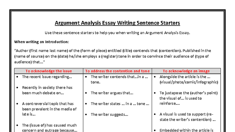 Argument Analysis Essay Writing Tips and Starters - Studocu