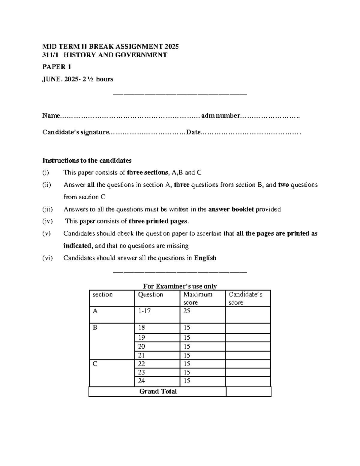 MID TERM II BREAK ASSIGNMENT 2025 CHEMISTRY PAPER 1 QUESTIONS - Studocu
