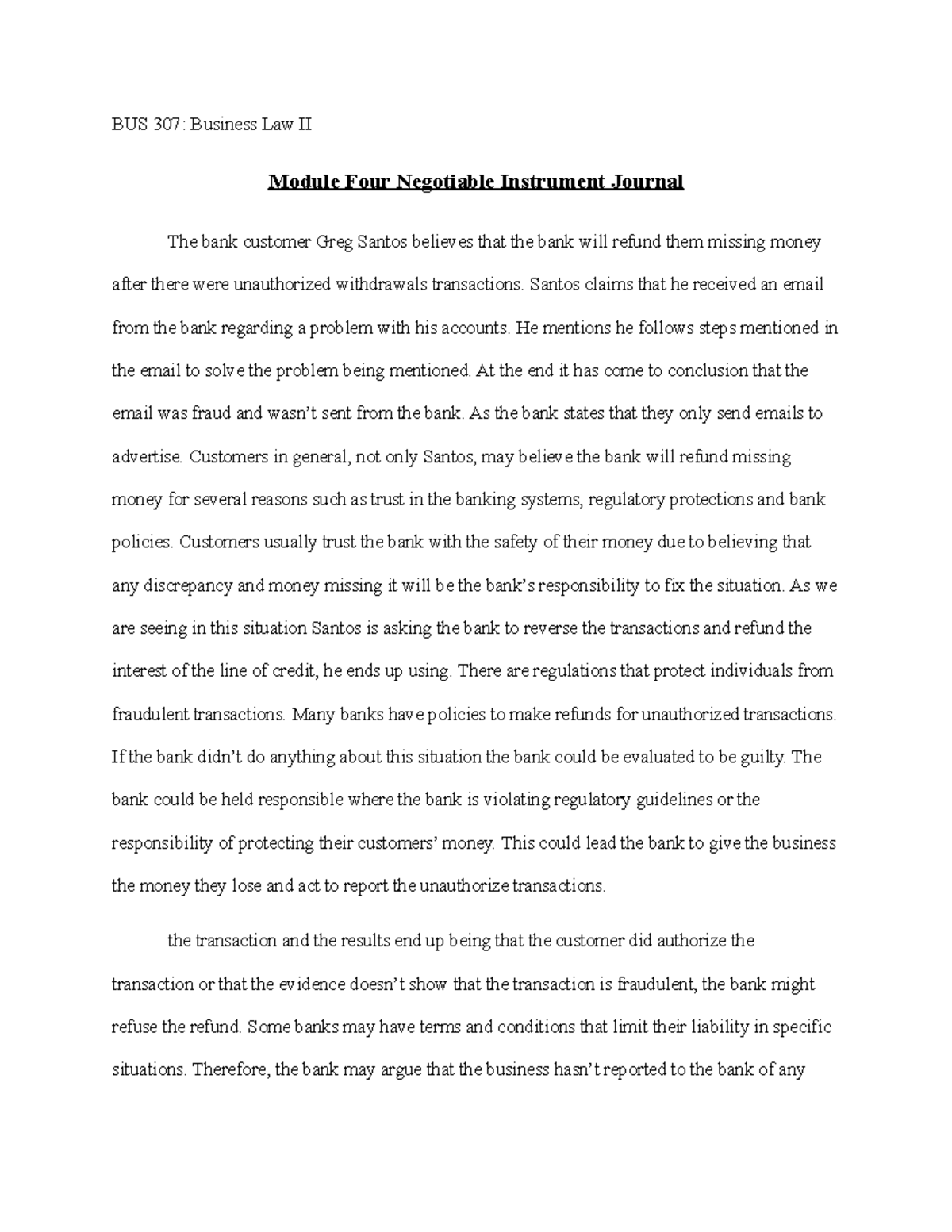 BUS 307 Module Four Negotiable Instrument Case Study Analysis - Studocu