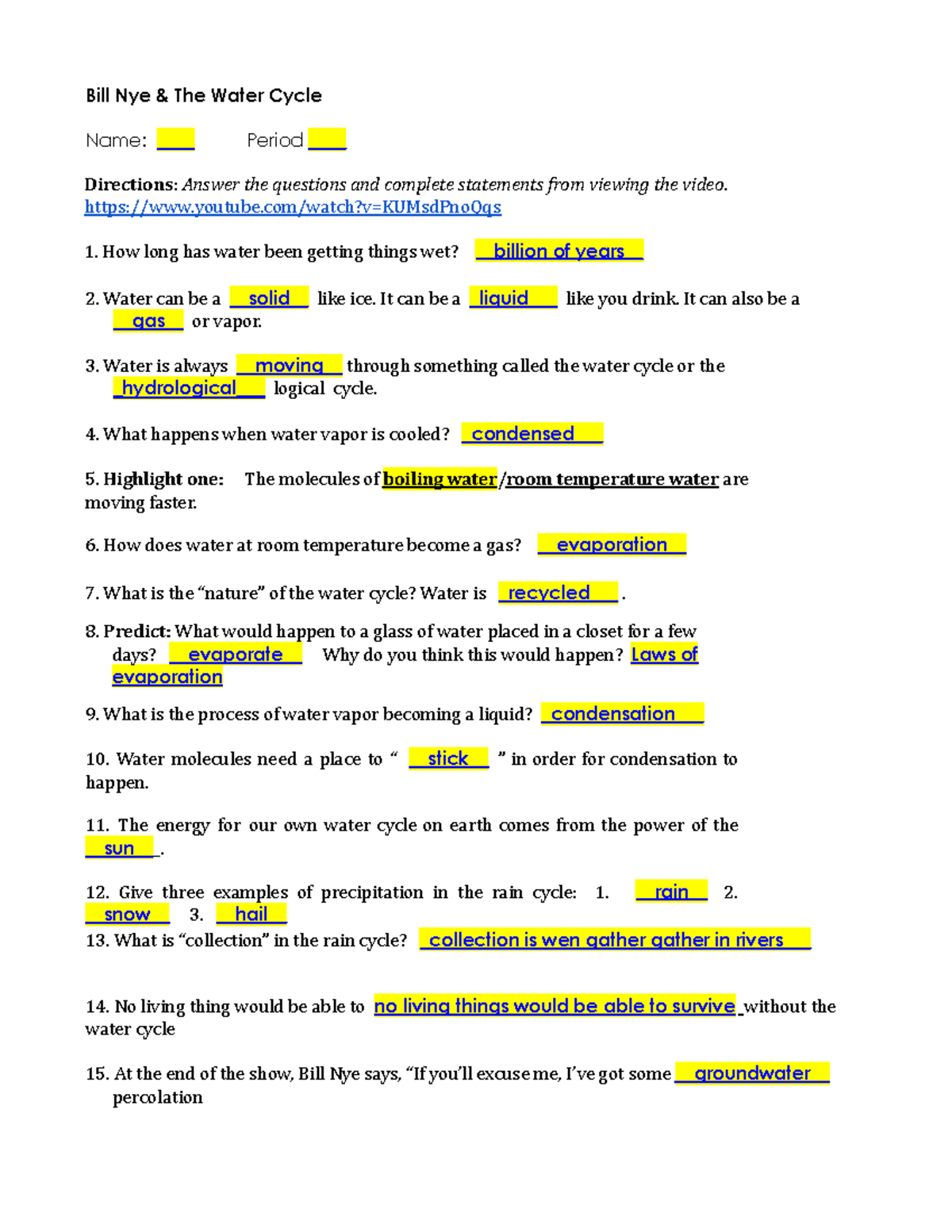 Copy of Day 10 Bill Nye and The Water Cycle Handout - Bill Nye & The ...