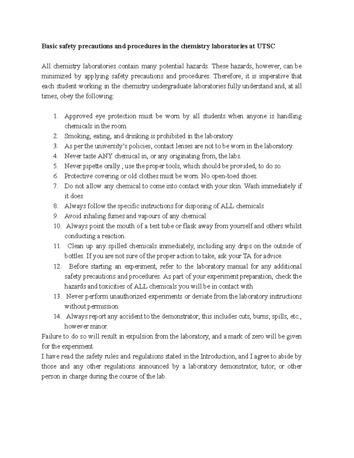 UTSC CHEM 101: Essential Safety Procedures for Chemistry Labs - Studocu
