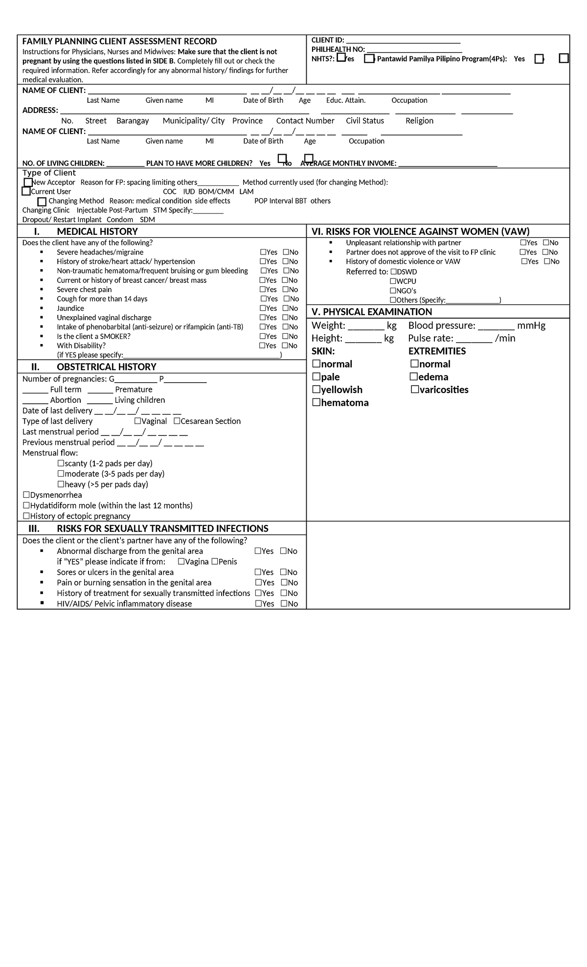Family Planning Client Assessment Record (FP-CA) for 4Ps Program - Studocu