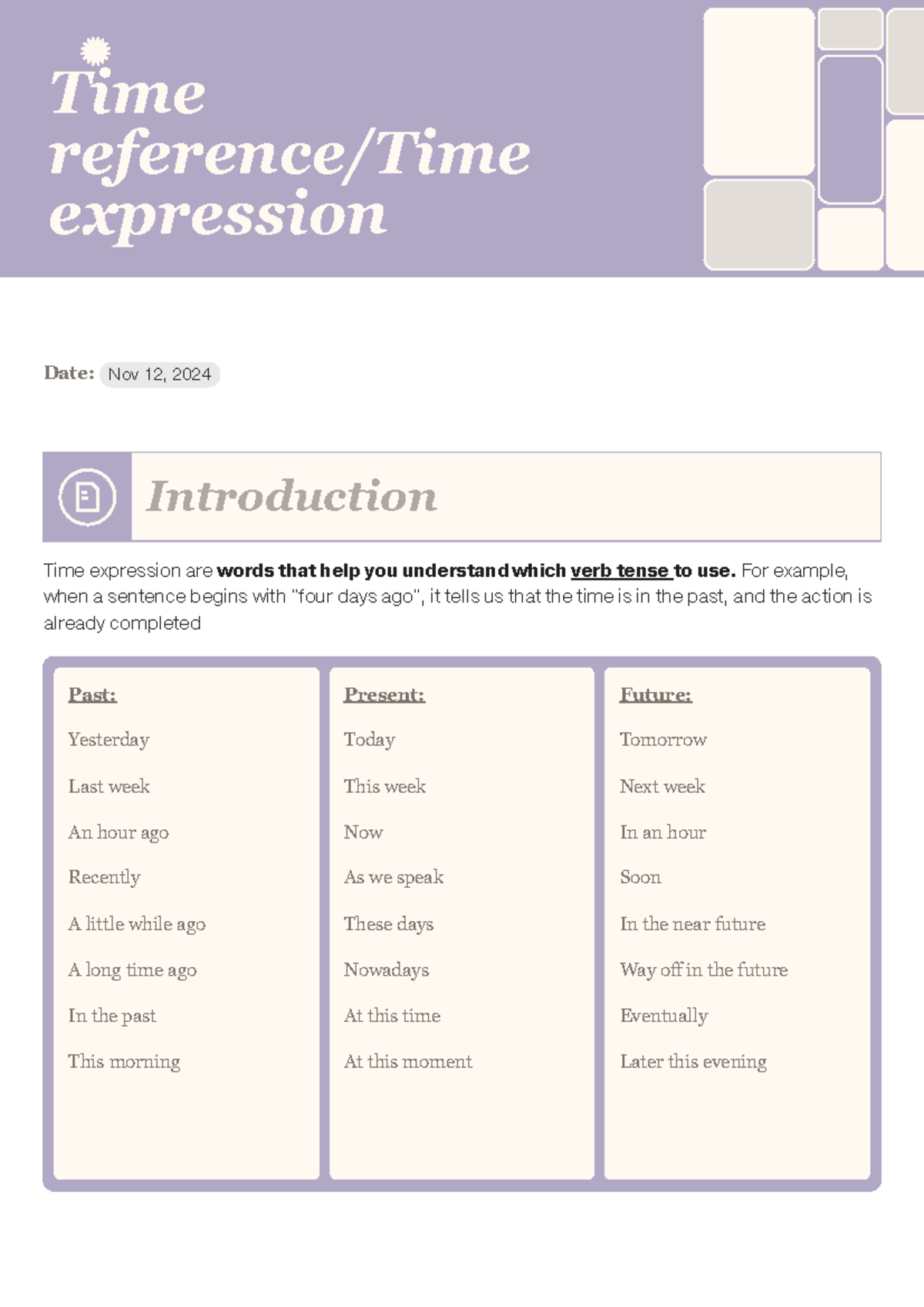 Time Reference Time Expressions - Time reference/Time expression Date ...