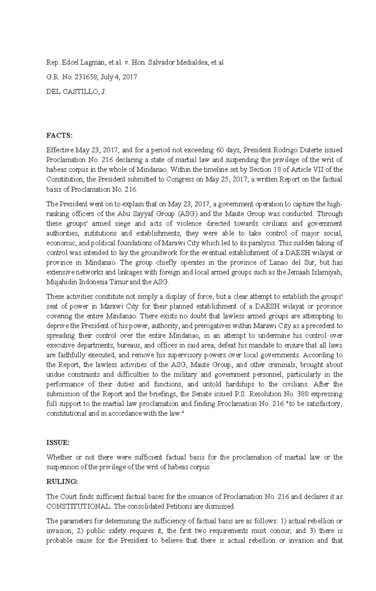 G.R. No. 23411: Proclamation No. 216 and Martial Law in Mindanao - Studocu