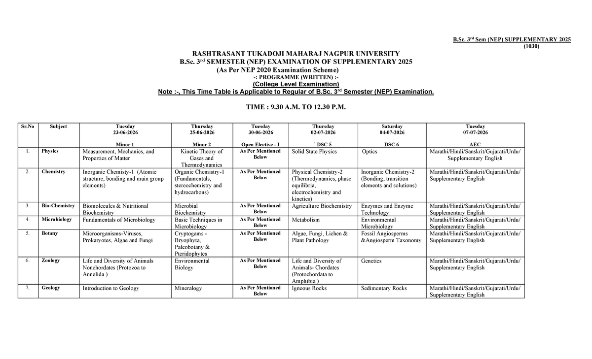 B.Sc. 3rd Sem (NEP) Supplementary Exam Schedule 2025 - Studocu