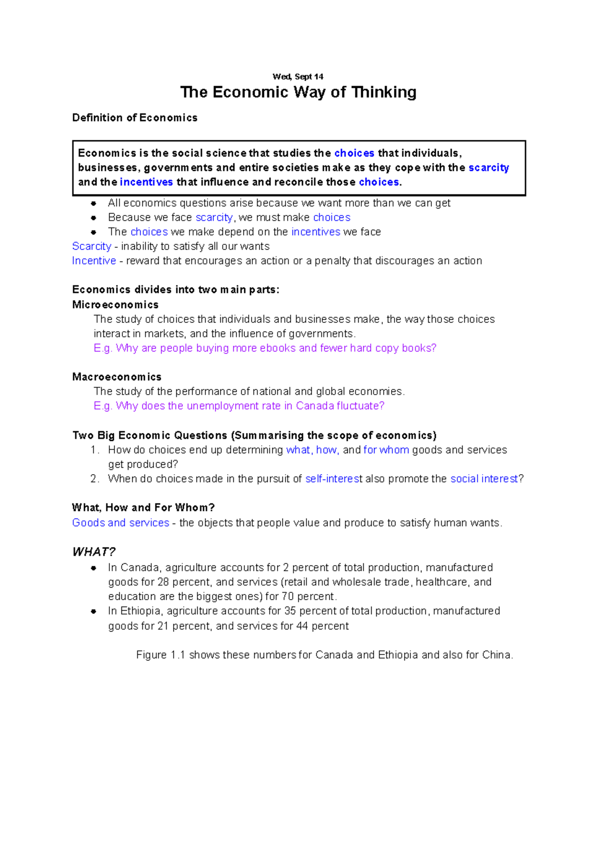 Chapter 1 Lecture Notes: The Economic Way of Thinking - Studocu