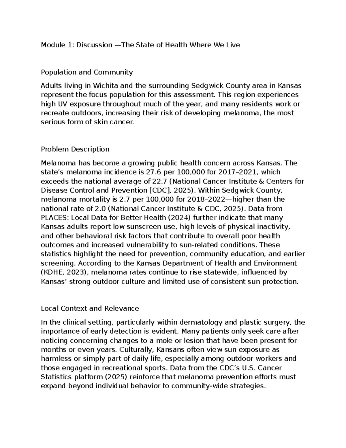 Module 1: Discussion on Melanoma Prevention in Wichita, KS - Studocu