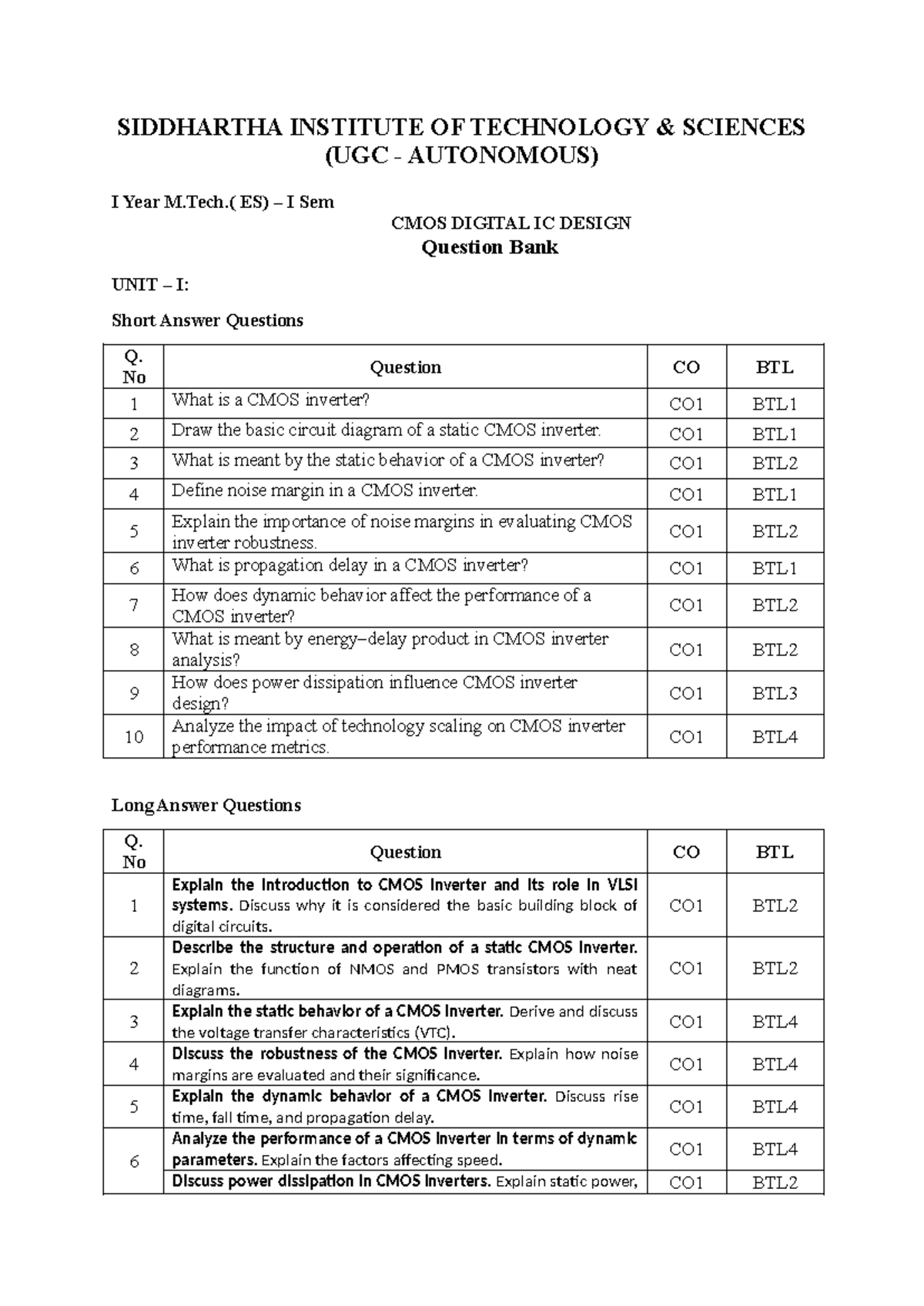 CMOS Digital IC Design Question Bank - M.Tech (ES) I Year I Sem - Studocu