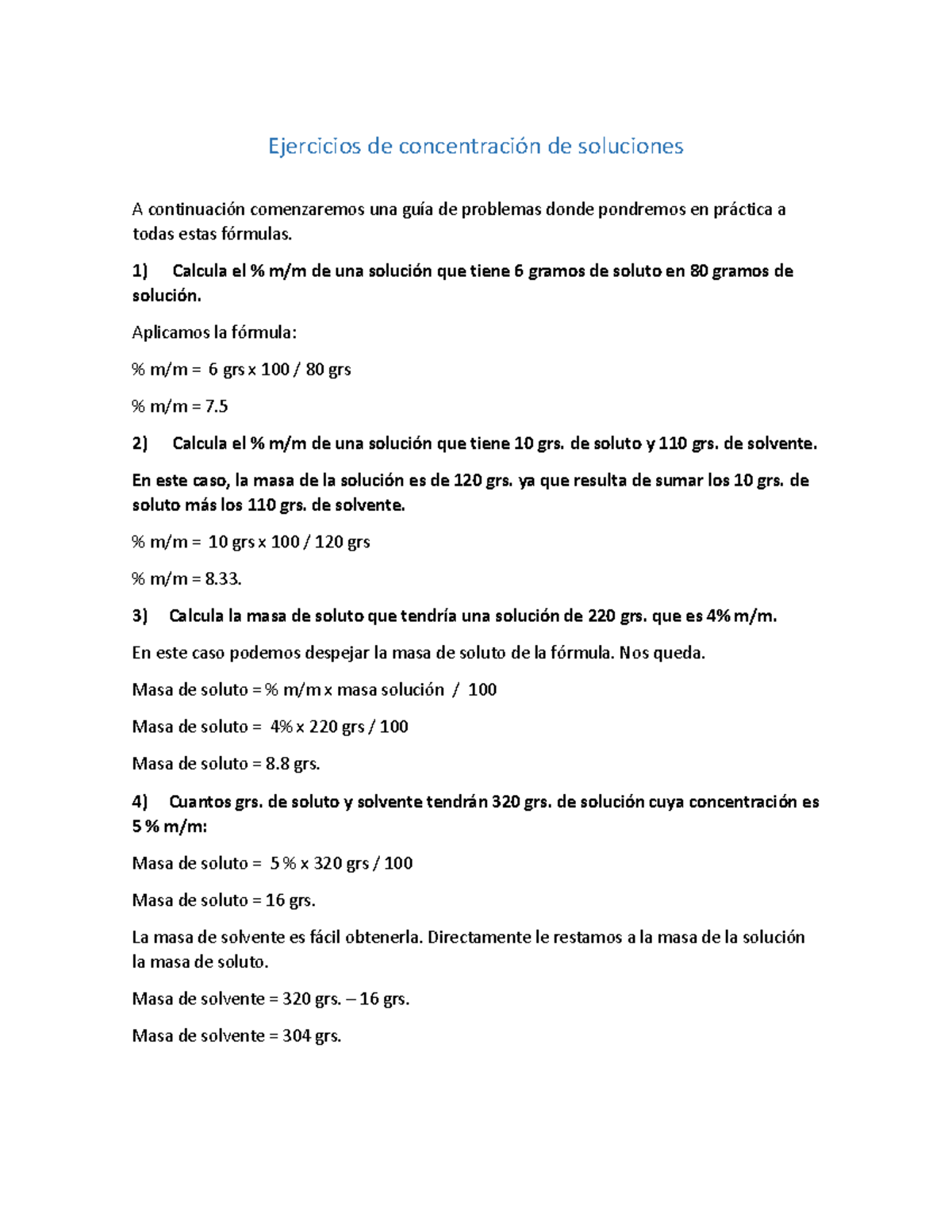 Ejercicios Resueltos sobre Concentración de Soluciones - Química 101 - Studocu