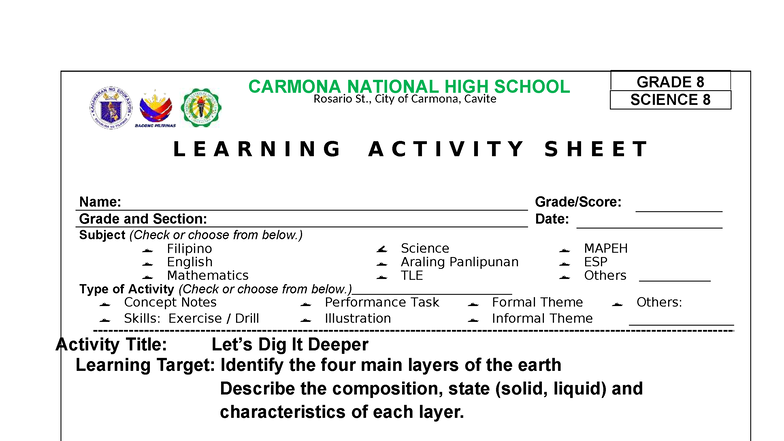 G8 Science Learning Activity: Exploring Earth's Layers - Studocu