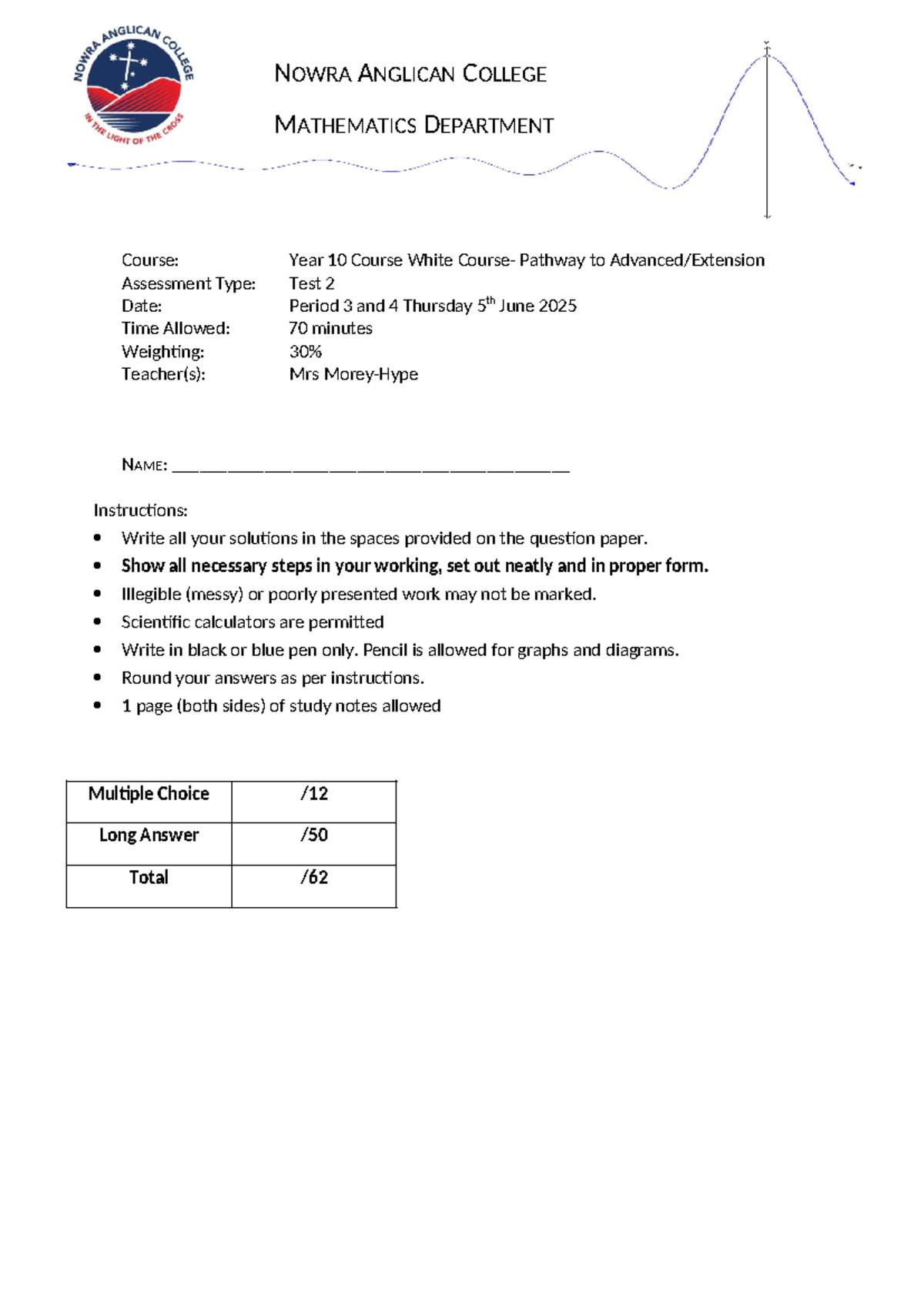 Yr 10 5.3 Test 2: Quadratic Expressions & Equations 2025 - Studocu