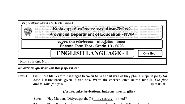 2023 Grade 10 English Language II Second Term Test Paper NWP - Studocu