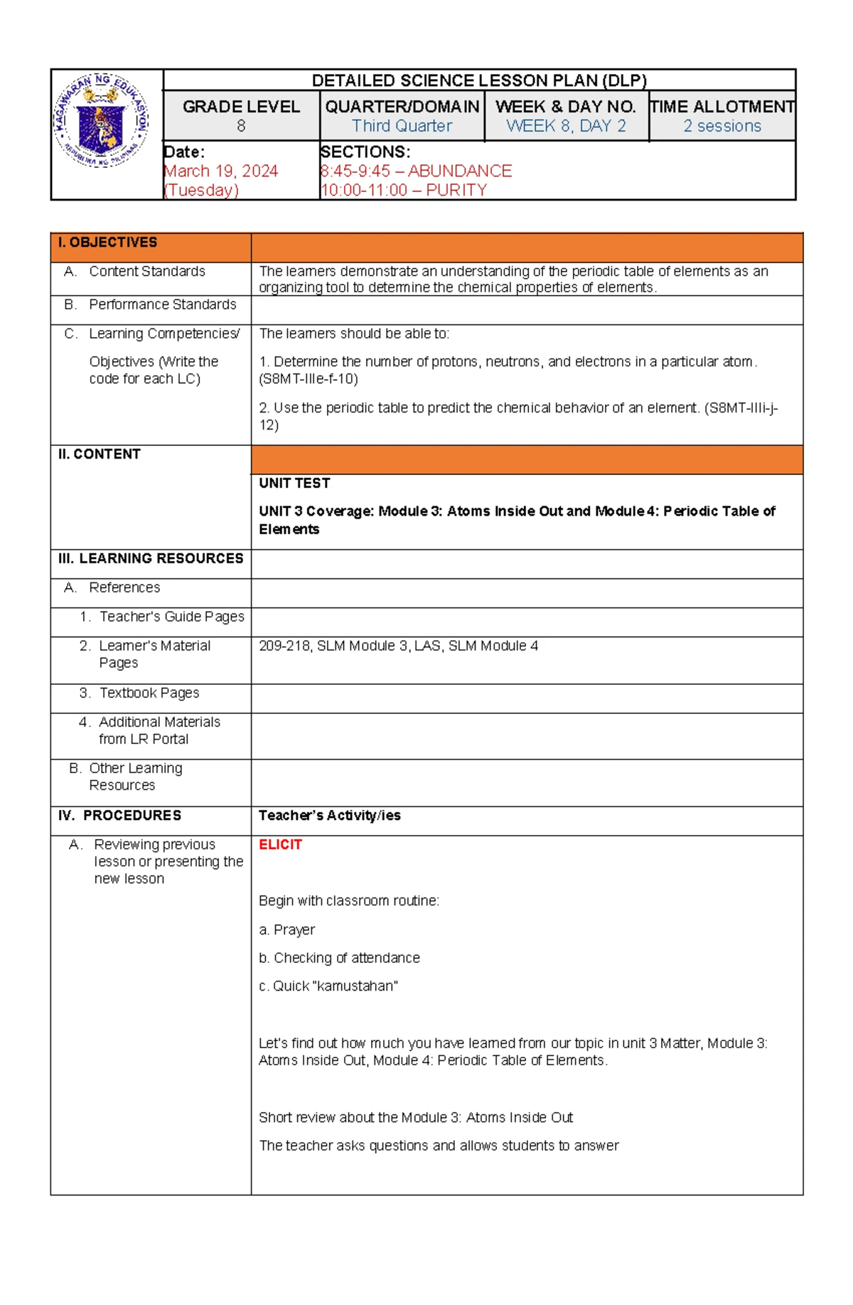 Science 8 Lesson Plan: Understanding Atomic Number & Mass - Studocu