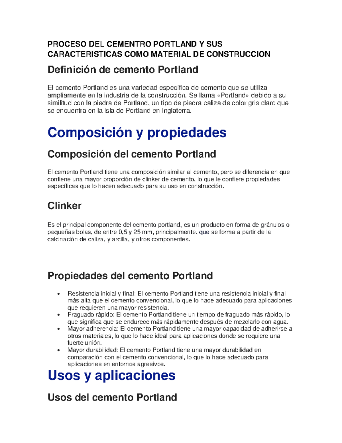 Proceso DEL Cementro Portland Y SUS Caracteristicas COMO Material DE ...