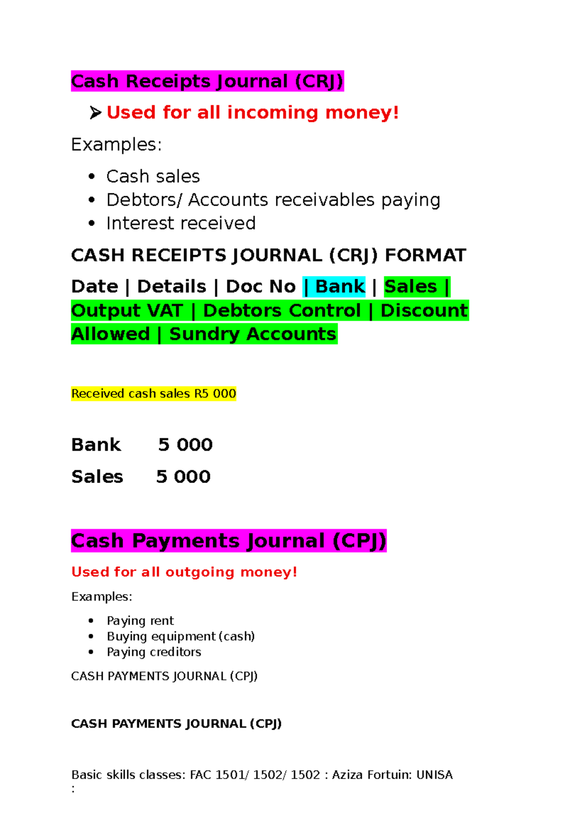 Cash Receipts Journal (CRJ) & VAT Overview for FAC 1502 - Studocu