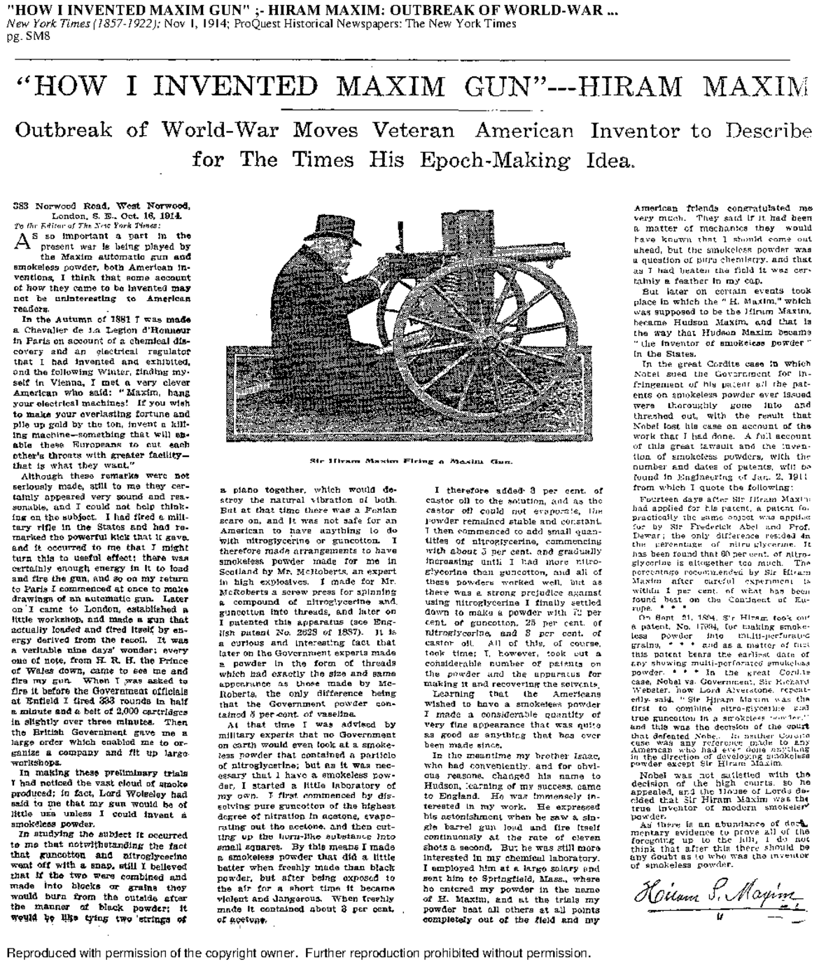 How I Invented the Maxim Gun - Hiram Maxim and WWI Impact - HISTORY 130 ...