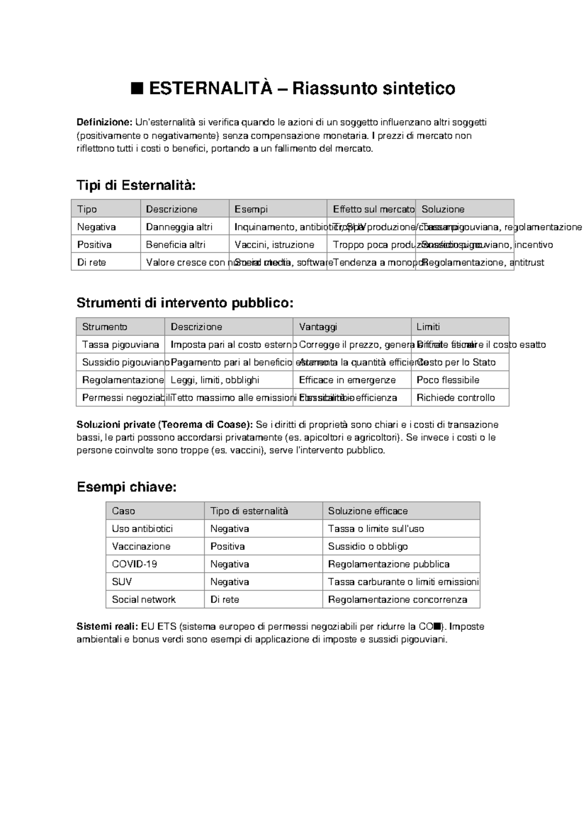 ESTERNALITÀ: Schema Riassuntivo e Tipologie di Interventi - Studocu