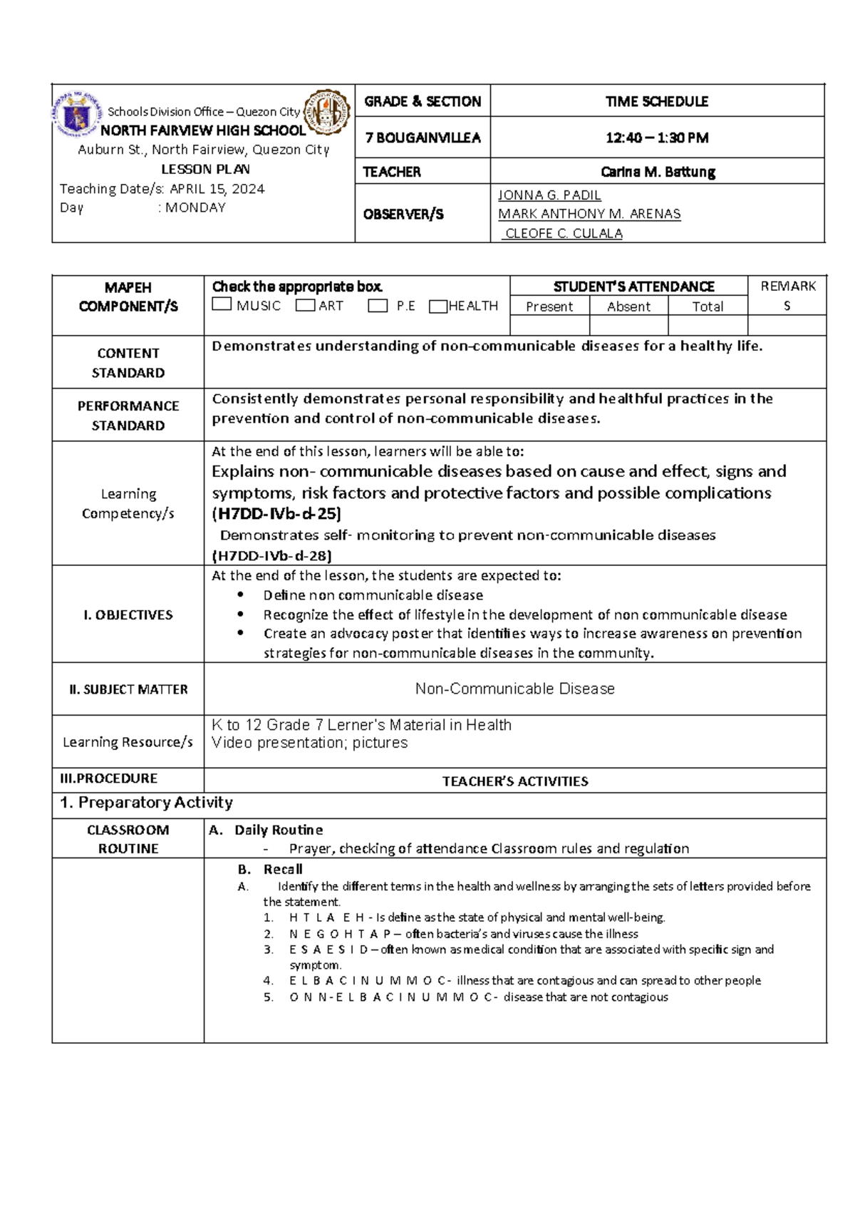 COT4 MAPEH Lesson Plan on Non-Communicable Diseases 2023-2024 - Studocu